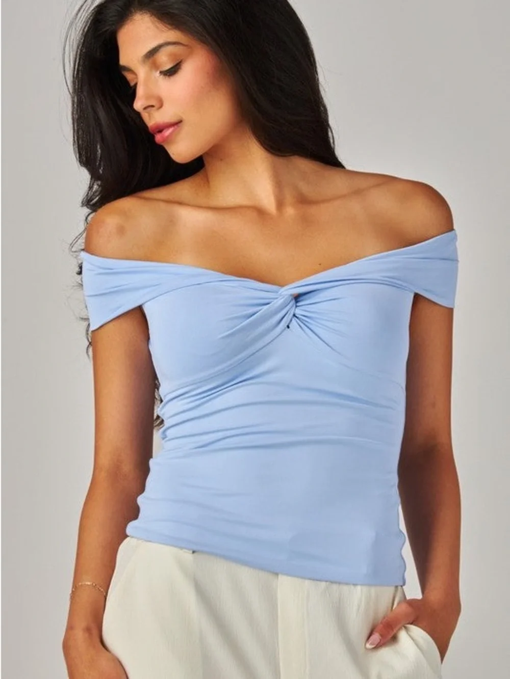 Tops | Offshoulder Twist Front Light Blue Womens Top | Poshmark